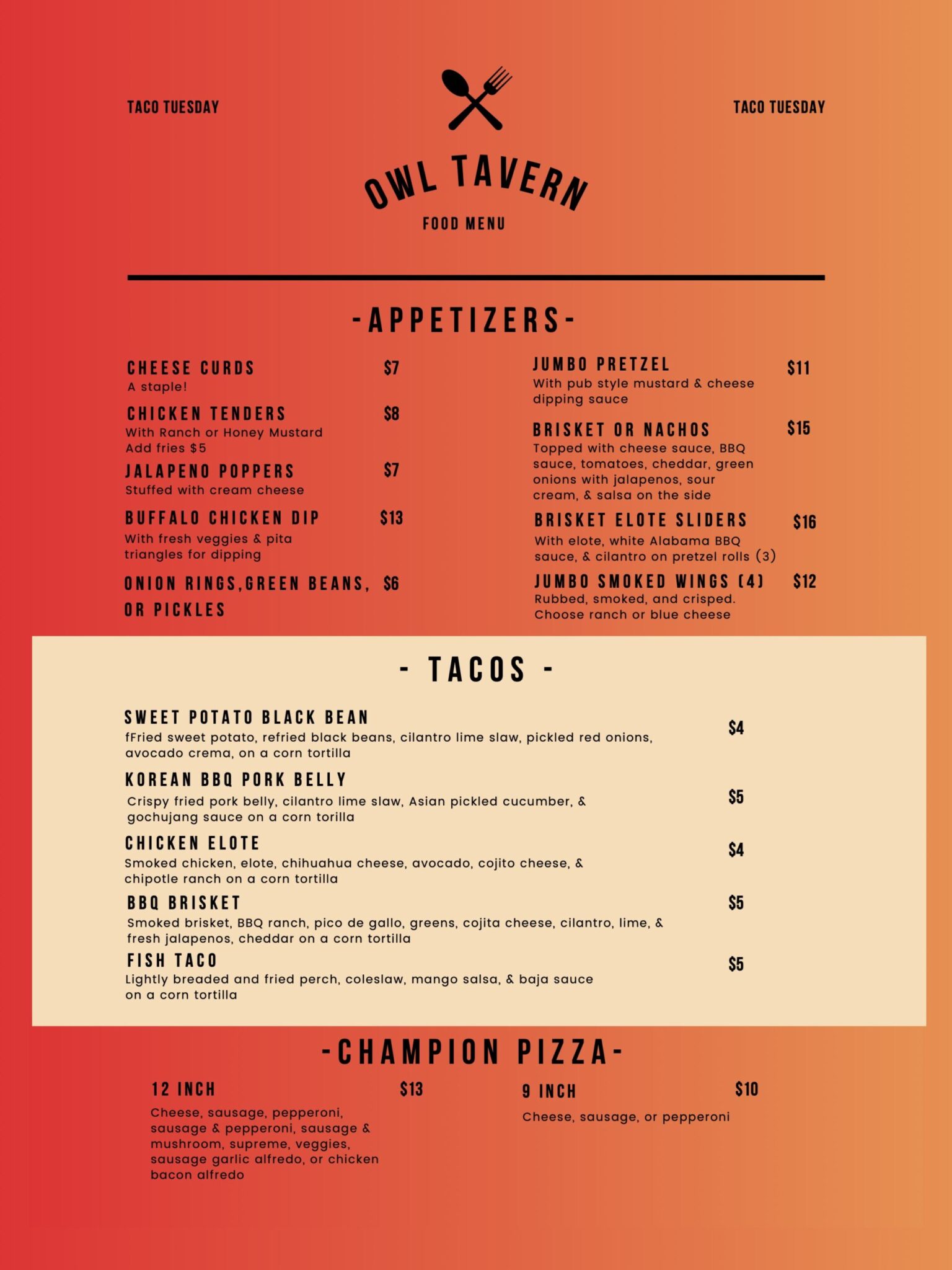 Menu | Owl Tavern